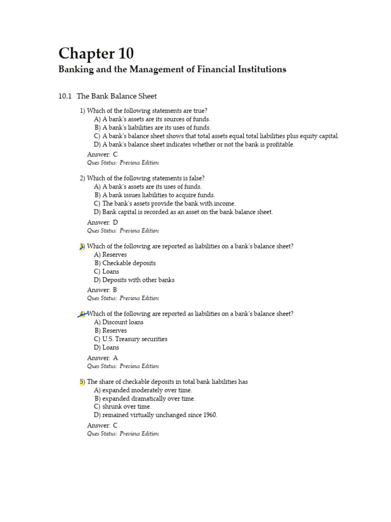 MCQs Chapter 10 Banking and The Management of Financial Institutions ...