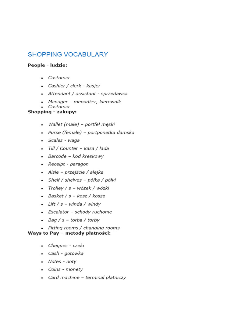 Shopping Vocabulary | PDF | Credit Card | Cheque