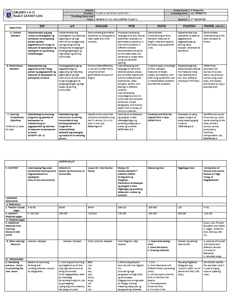 DLL - All Subjects 2 - Q3 - W7 - D1 | PDF