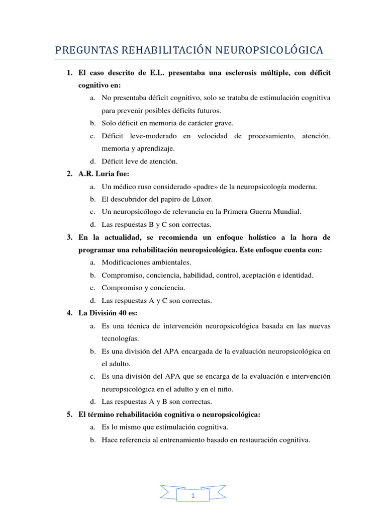 Preguntas Rehabilitaciã - N Neuropsicolã - Gica | PDF | Neuropsicología | Cerebro