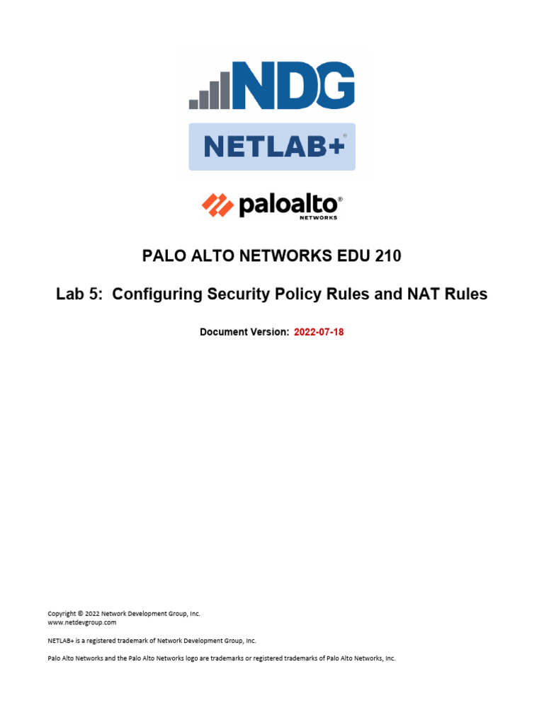 Lab 5 Configuring Security Policy Rules and NAT Rules | PDF | Ip Address | Firewall (Computing)