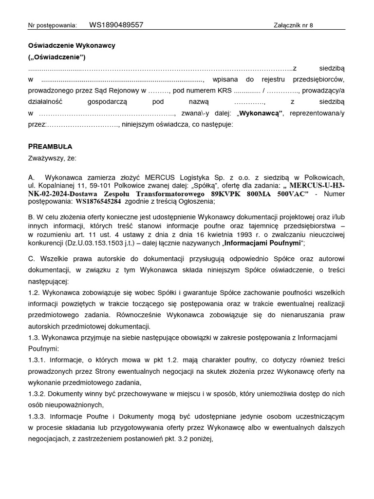 Załącznik NR 8 - Oświadczenie o Poufności | PDF