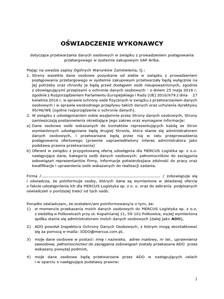 Załącznik NR 7 - Oświadczenie Wykonawcy Dot. Przetwarzania Danych ...