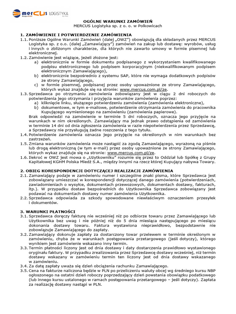 Załącznik NR 2 - OGÓLNE WARUNKI ZAMÓWIEŃ | PDF