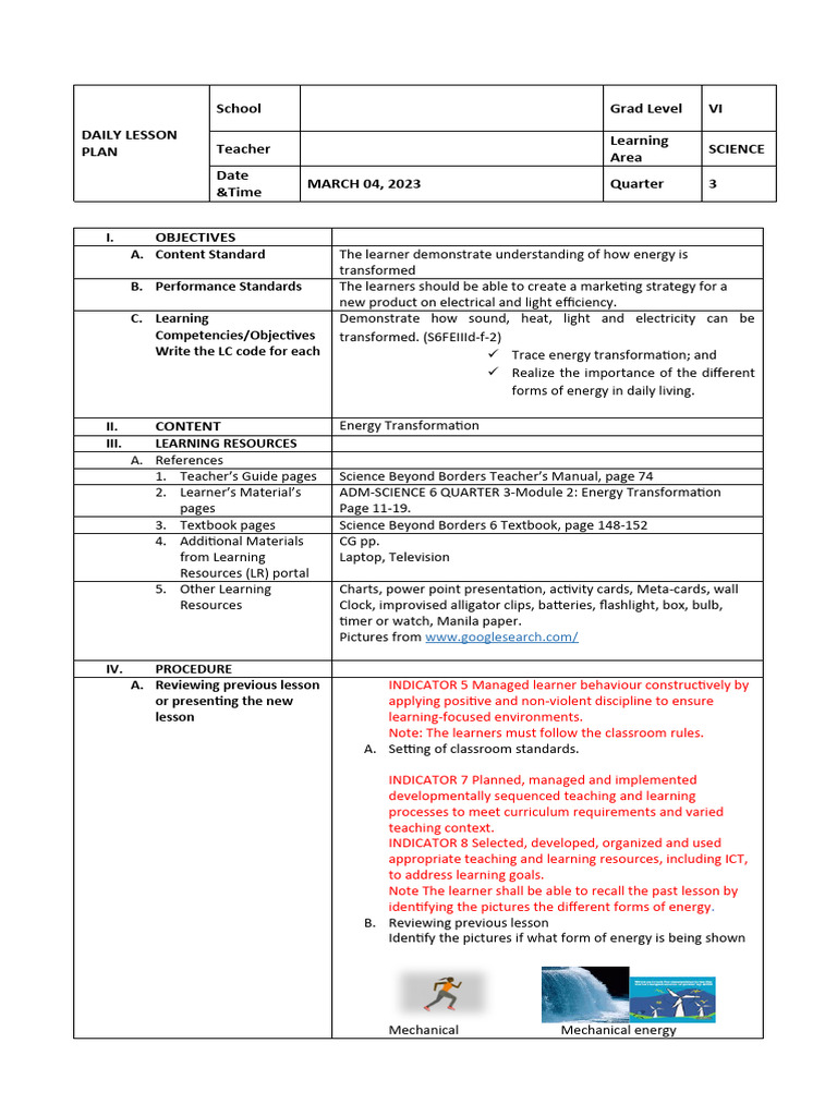DAILY LESSON PLAN Demo | PDF