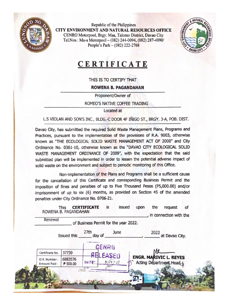 Cenro Certificate Rowena Pagandahan | PDF