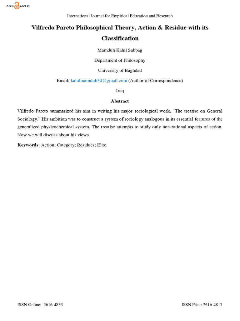 Vilfredo Pareto Philosophical Theory, Action & Residue With Its ...