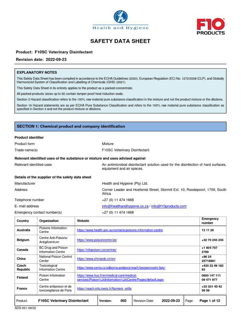 SDS 051 F10SC Veterinary Disinfectant | PDF | Toxicity | Physical Sciences