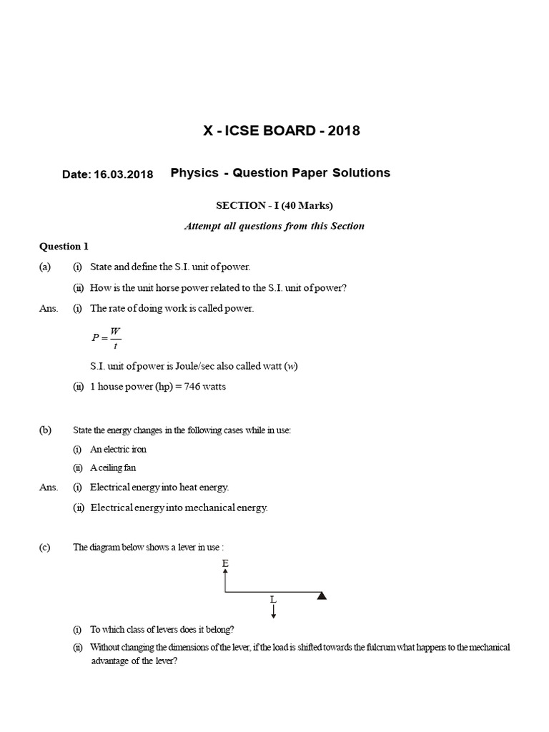ICSE Class 10 Physics Paper-1 Question Paper Solutions 2018 | PDF ...