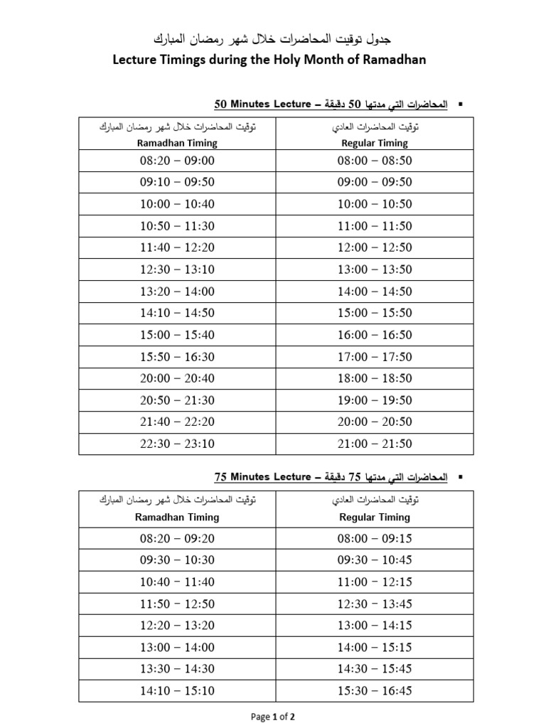 2024 توقيت المحاضرات في رمضان Ramadhan lecture timings | PDF