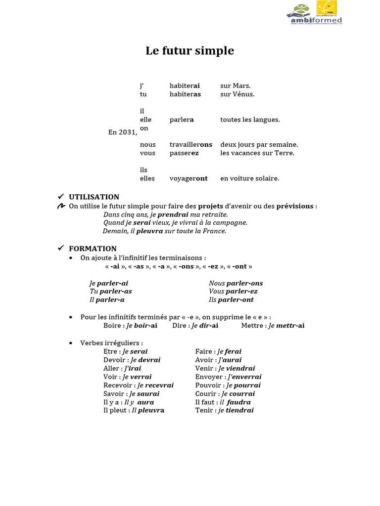 Conjugaison du Futur Simple en Français | PDF | Verbe