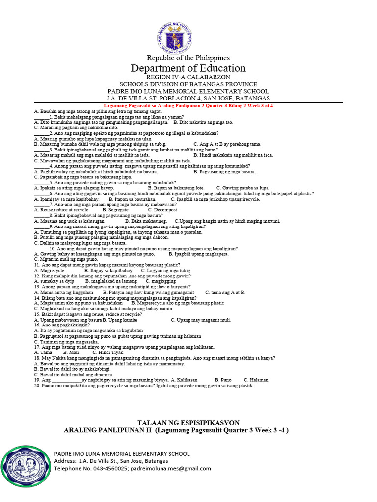 Lagumang Pagsusulit Sa AP Quarter 3 Week 3 4 | PDF