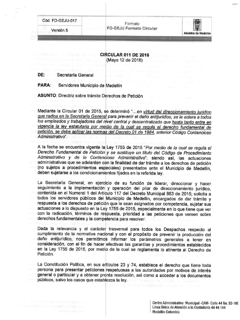 Circular 011 de 2016 Derechos de Peticion | PDF