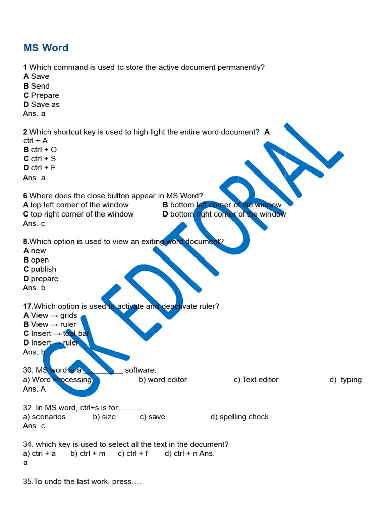 MS Word MCQ Question Answer | PDF