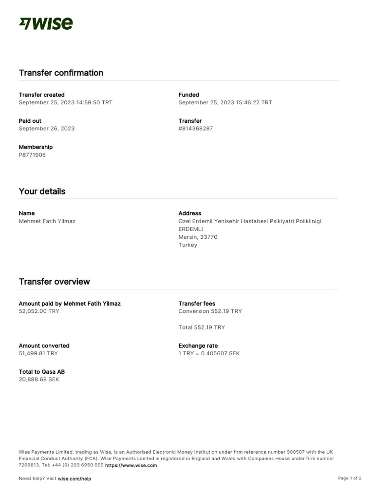 Wise Transaction Invoice Transfer 814368287 1721868089 TR | PDF | Banks ...