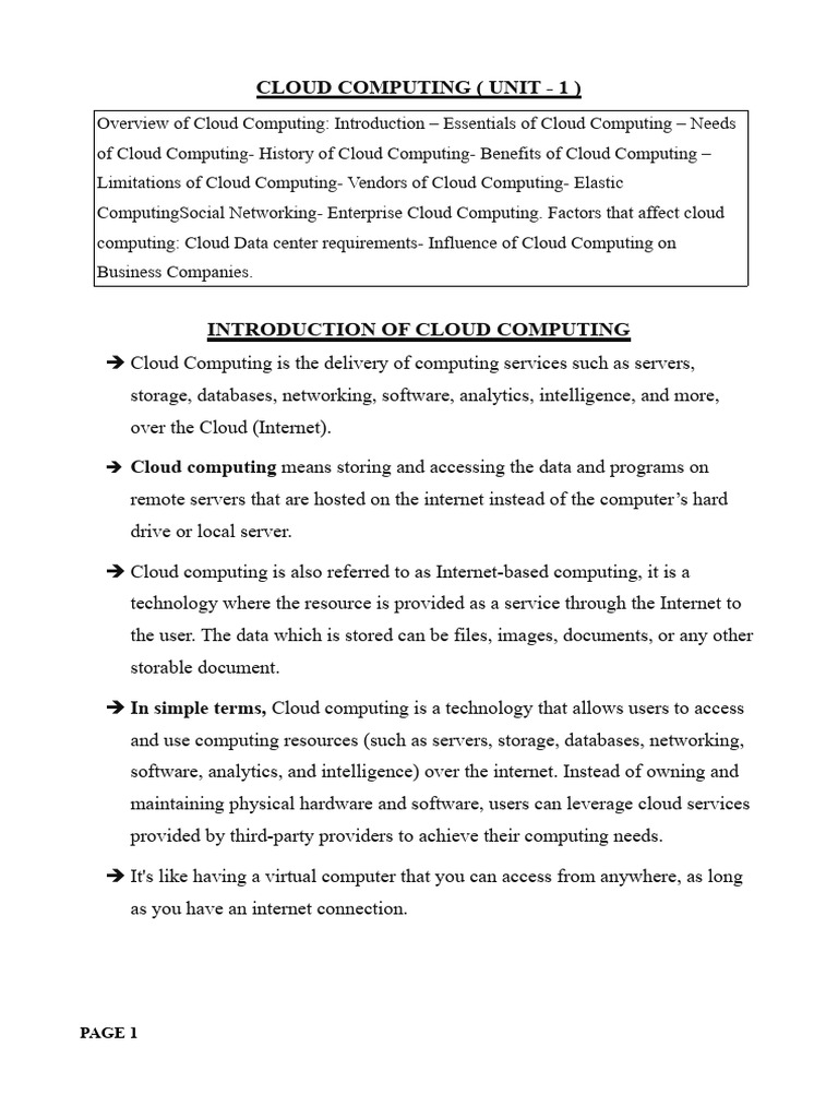 Unit 1 Cloud Pdf Cloud Computing Client Server Model