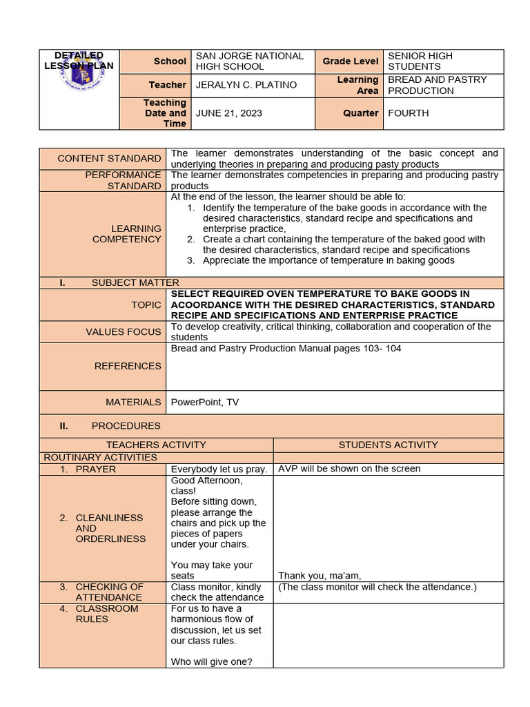 Q4 Lesson Plan Bread and Pastry Packaging | PDF | Baking | Custard