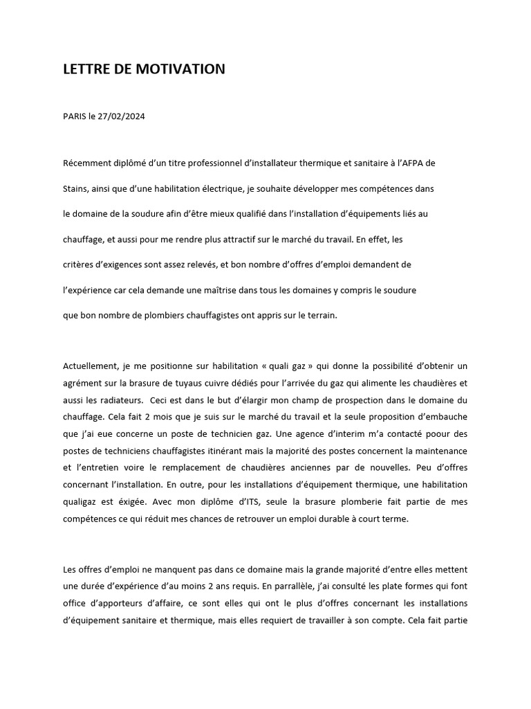 Lettre de motivation pour formation AFPA | PDF | Évolution de carrière