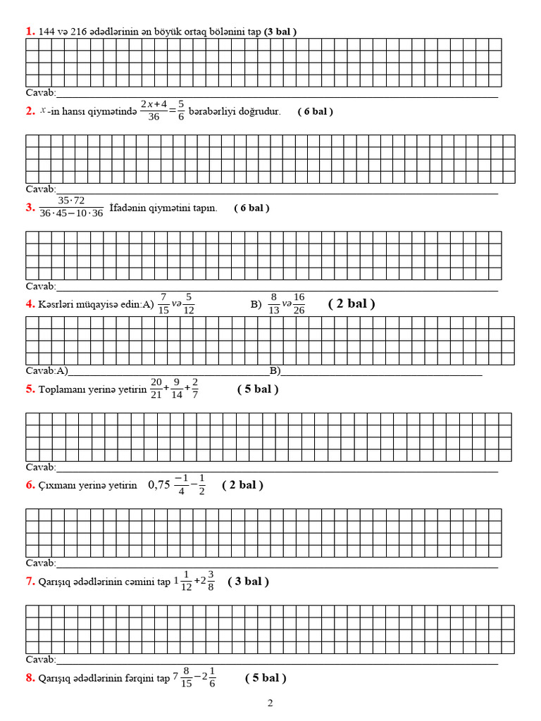 6 Sinif, Riyaziyyat, KSQ-1 (B Variant) | PDF