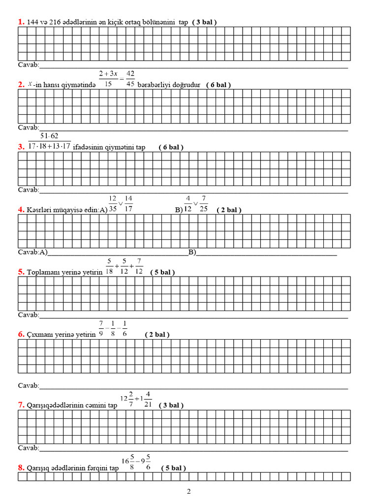 6 Sinif, Riyaziyyat, KSQ-1 (A Variant) | PDF