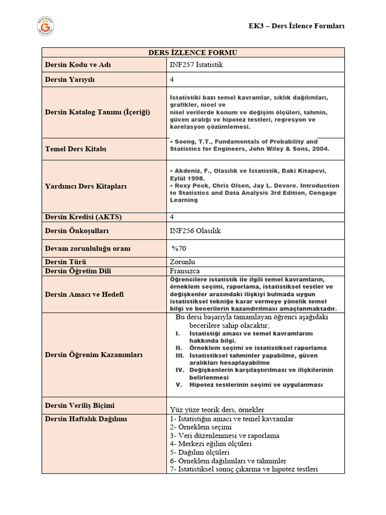 INF257 İstatistik Ders Izlence Formu (TR) | PDF