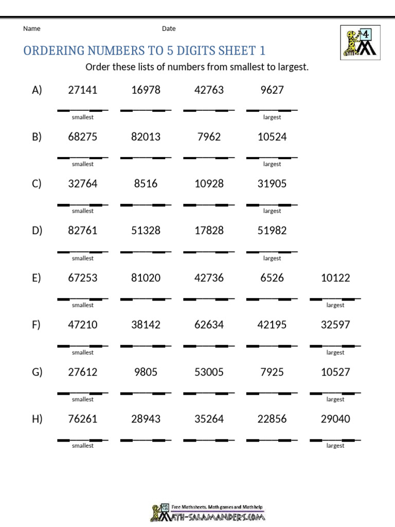Ordering 5 Digit Numbers 1 | PDF