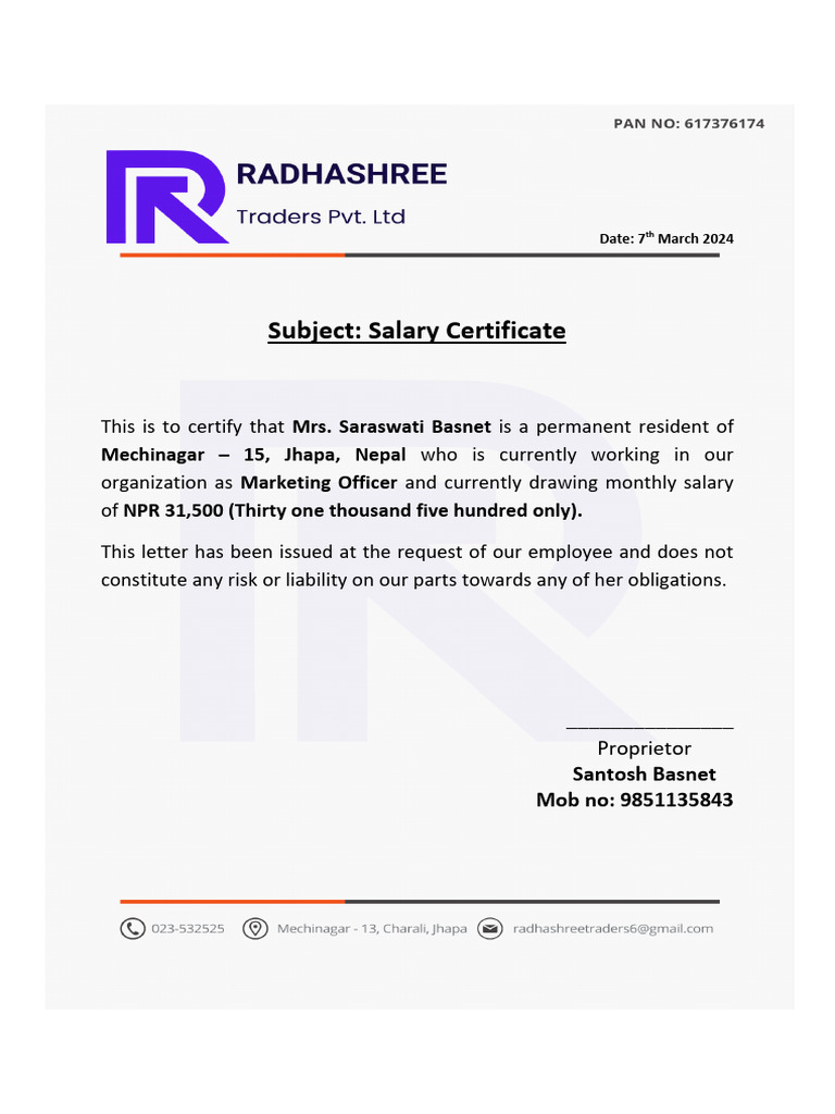Salary Certificate for Mrs. Saraswati Basnet | PDF