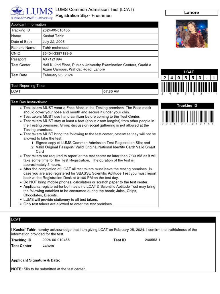 LCAT & SSAT Registration Slip 2024 | PDF | Government And Personhood ...