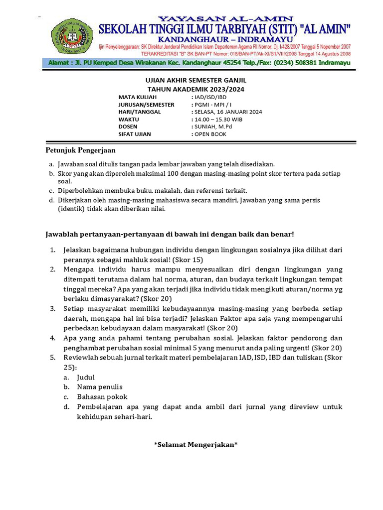 Soal Uas Iad Isd Ibd Pgmi & Mpi | PDF | Ilmu Sosial