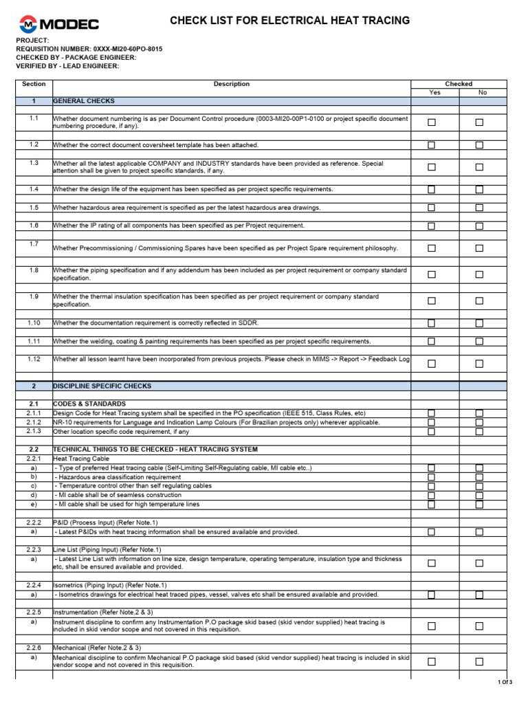 60-8015 - Check List For Electrical Heat Tracing System RFQ | PDF ...