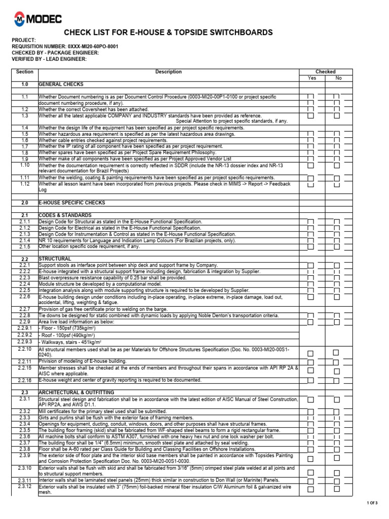 60-8001 - Check List For E-House & Topside Switchgear RFQ | PDF | Civil ...