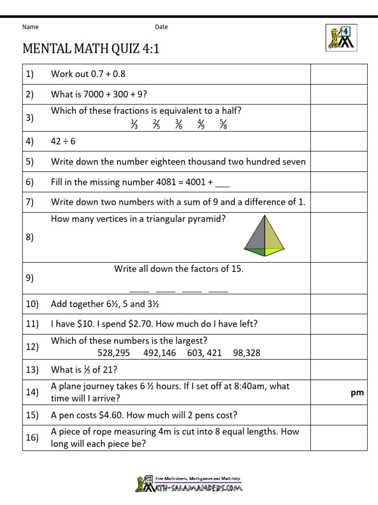 4th Grade Mental Math Quiz & Answers | PDF | Mathematics | Arithmetic