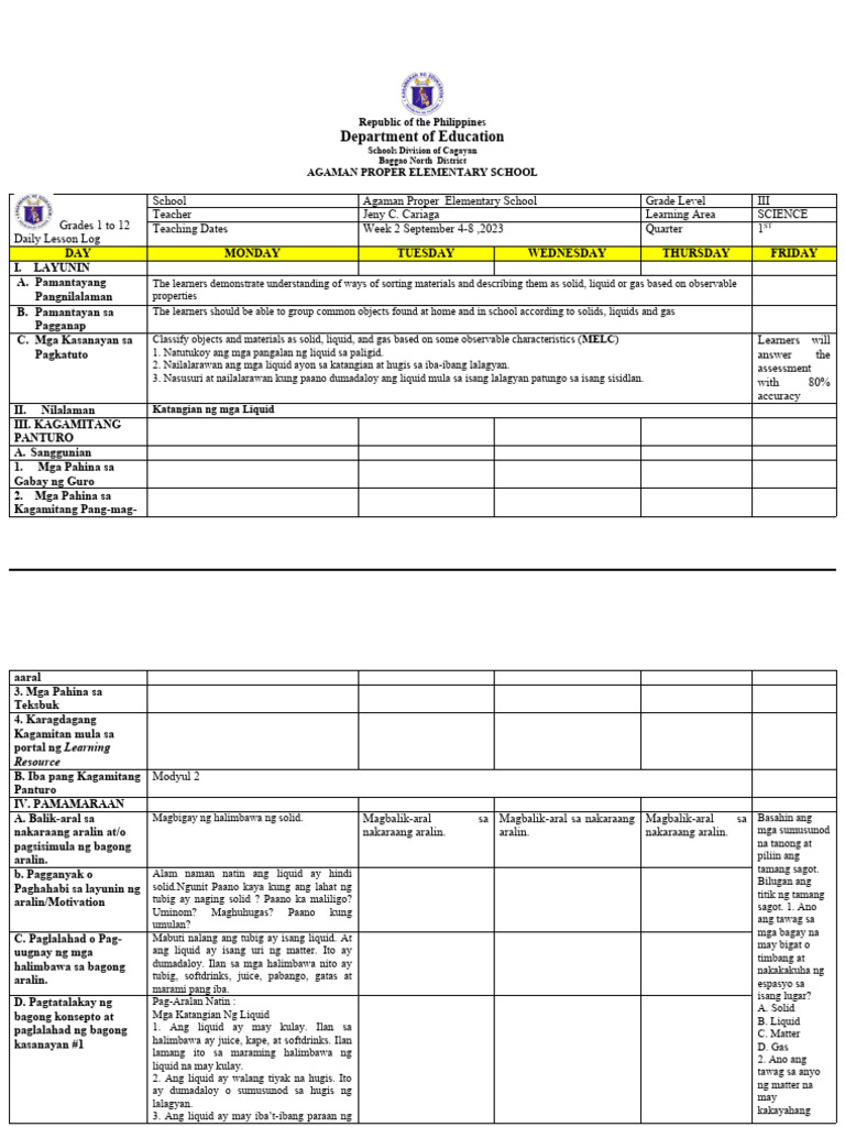 DLL Quarter 1 Week 2 Science | PDF