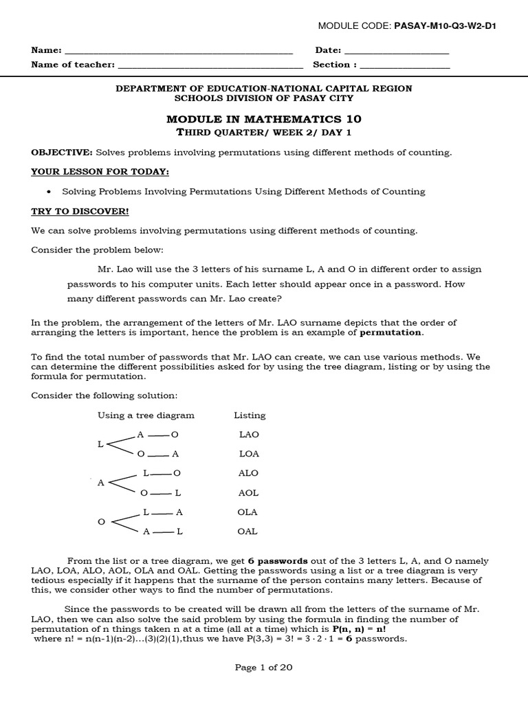 3 Math 10 Q3 W2 | PDF | Permutation | Numbers