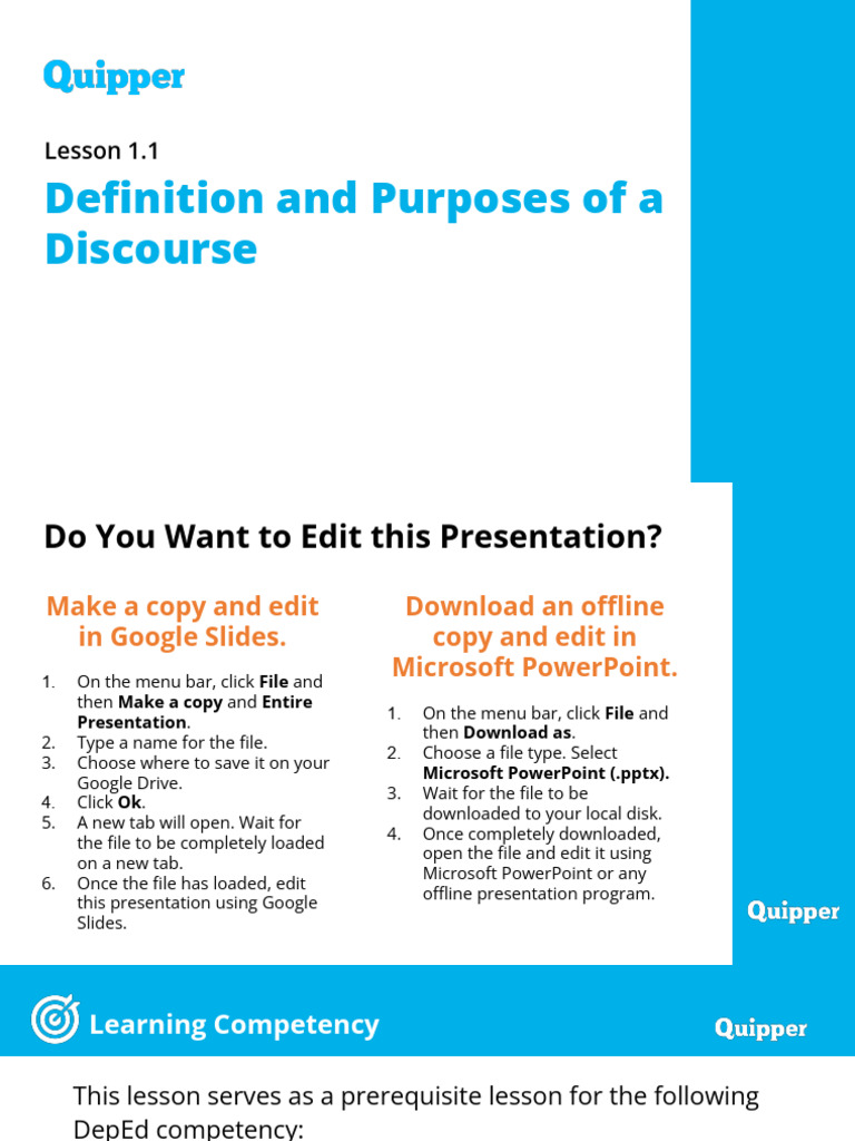 ME EngRW 11 Q3 0101 - PS - Definition and Purposes of A Discourse | PDF ...