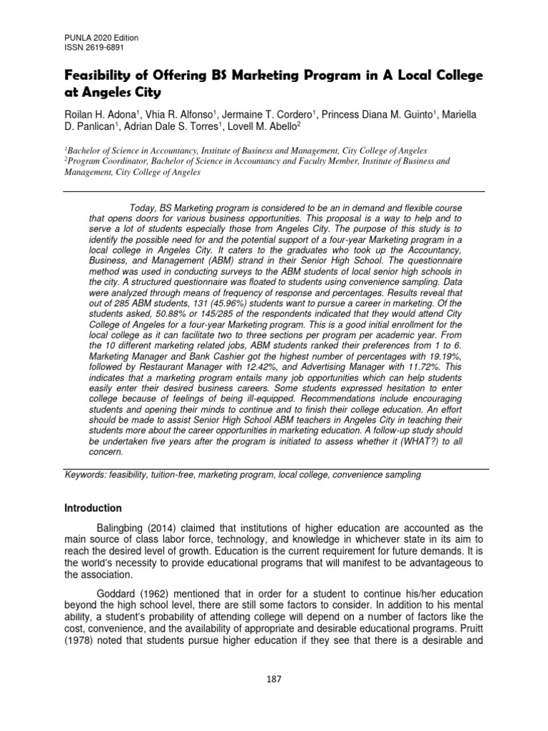 Feasibility of Offering BS Marketing Program in A Local College at ...