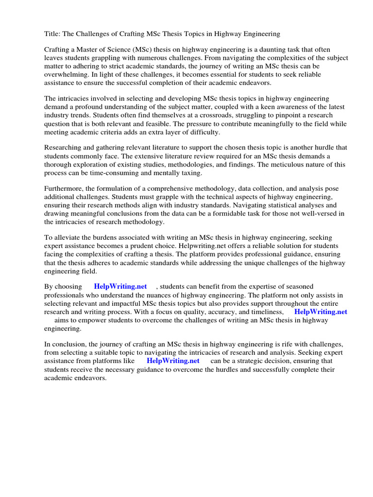 MSC Thesis Topics in Highway Engineering | Download Free PDF | Traffic | Road