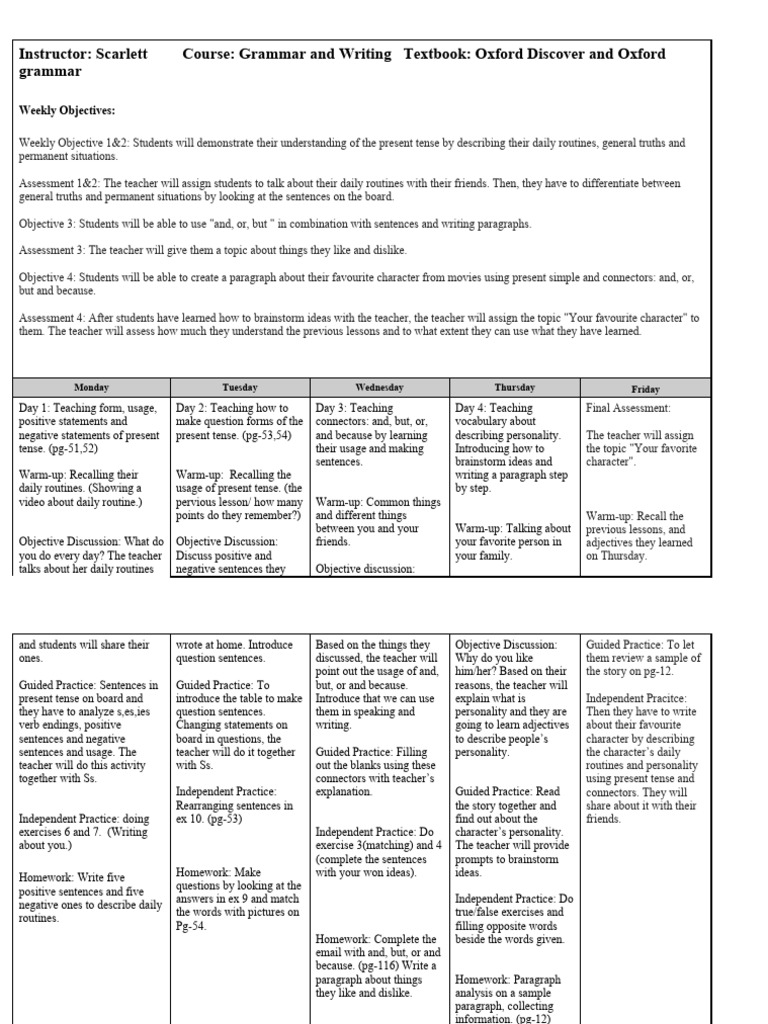 One Week Lesson Plan | Download Free PDF | Lesson Plan | Behavior ...