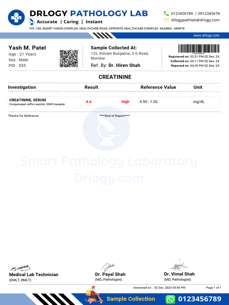 Serum Creatinine Test Report Sample | PDF