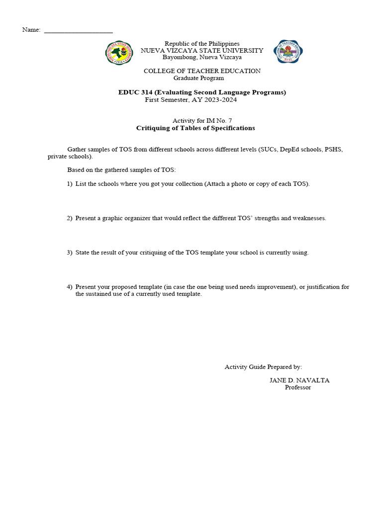 IM7 Activity (Table of Specifications (TOS) ) Educ314-ESLP | PDF