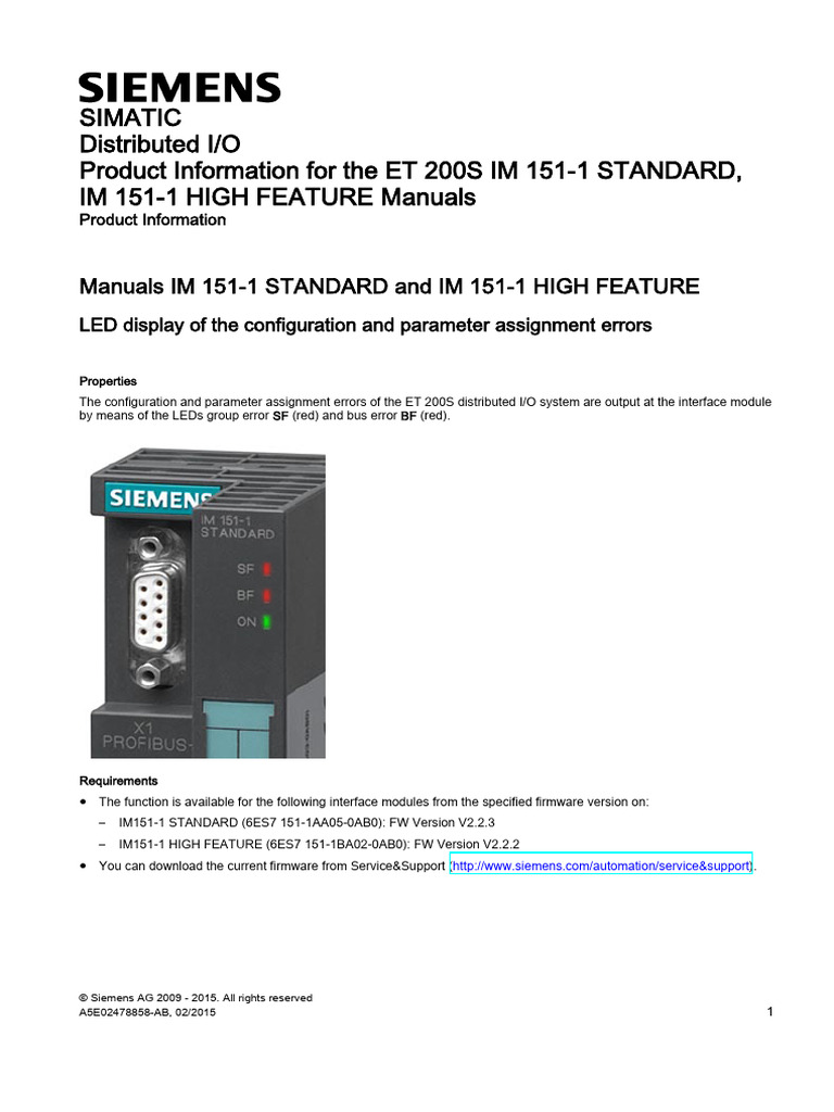 Et200s Im 151 1 Standard Im 151 1 High Feature Product Info en-US en-US | PDF | Parameter ...