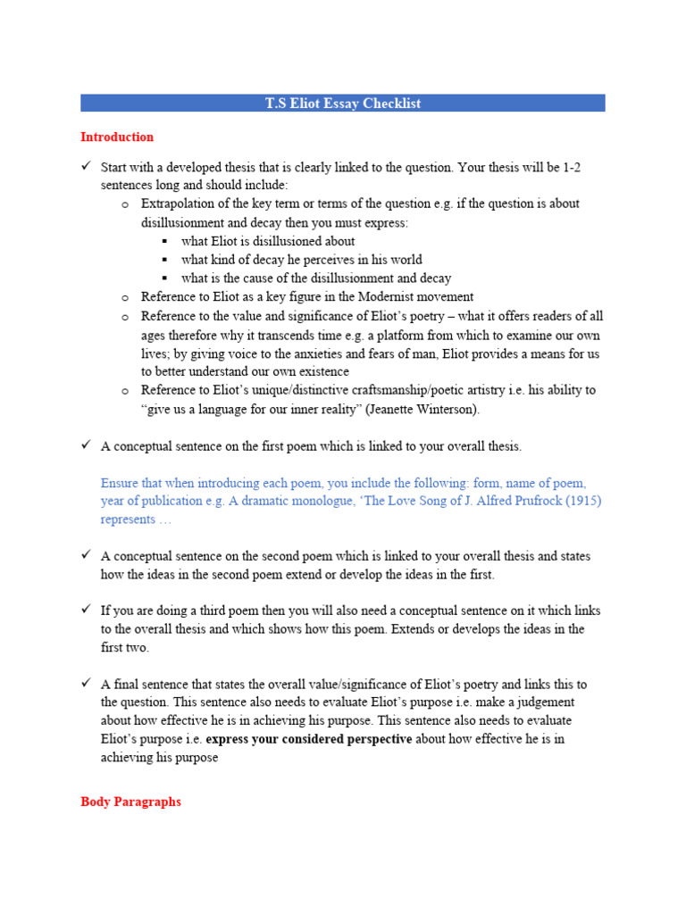 T.S. Eliot Essay Writing Guide | PDF | T. S. Eliot | Poetry