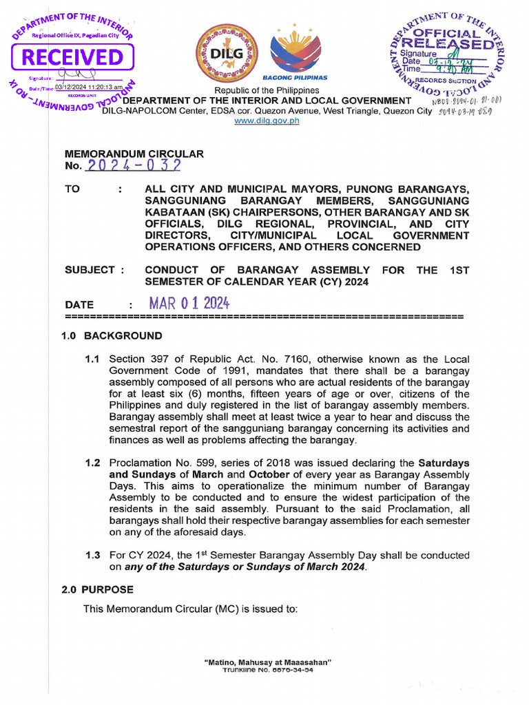 DILG MC 2024-032 Conduct of Brgy Assembly For The 1st Semester of CY 2024 | PDF