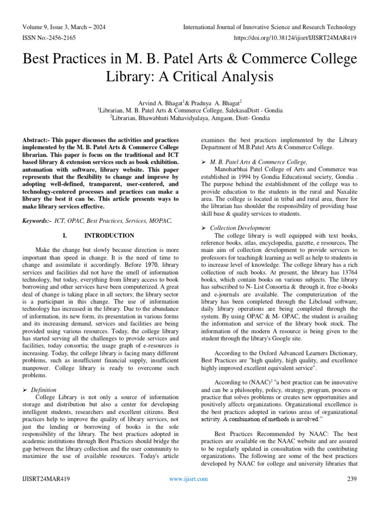 Best Practices in M. B. Patel Arts & Commerce College Library: A Critical Analysis | PDF ...