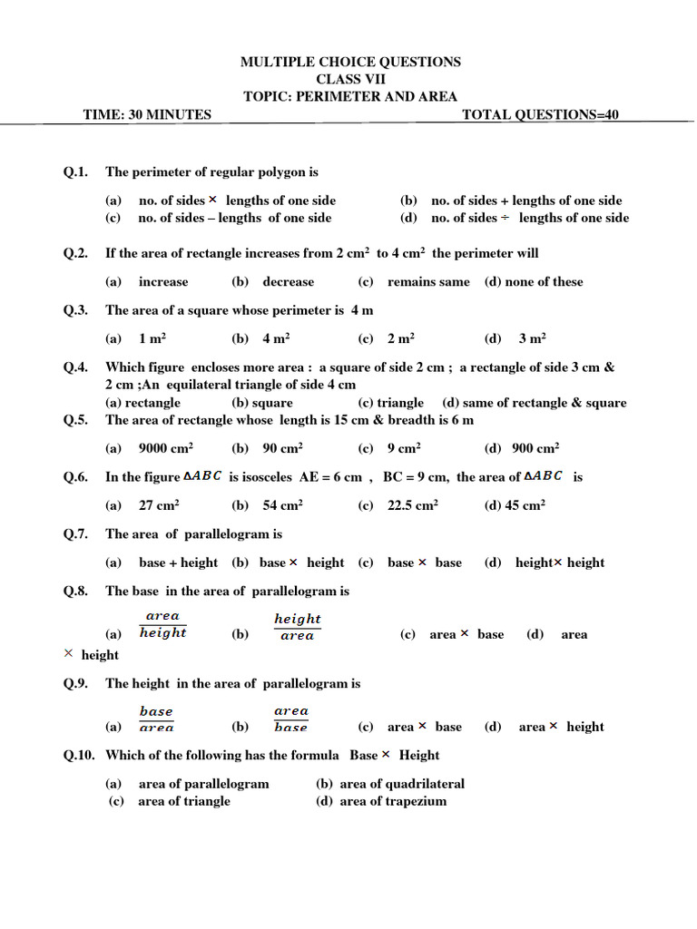 MCQ Class Vii | PDF | Area | Elementary Geometry