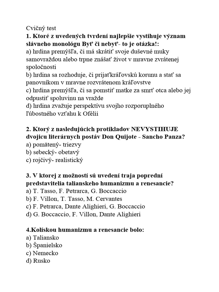 TEST HUMANIZMUS A RENESANCIA | PDF