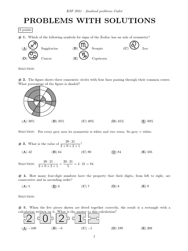 KSF 2021 Cadet Math Problems Solutions | PDF | Mathematics | Euclidean ...