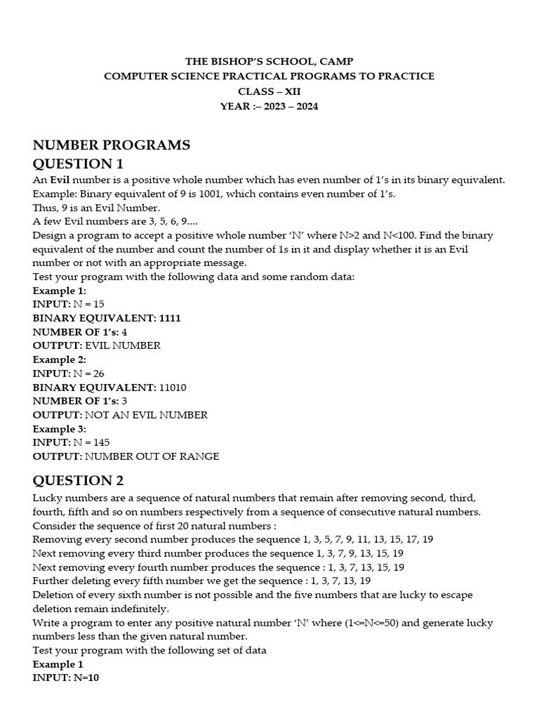 Practice Practical Programs 2023 - 2024 | PDF | Computer Science | Numbers