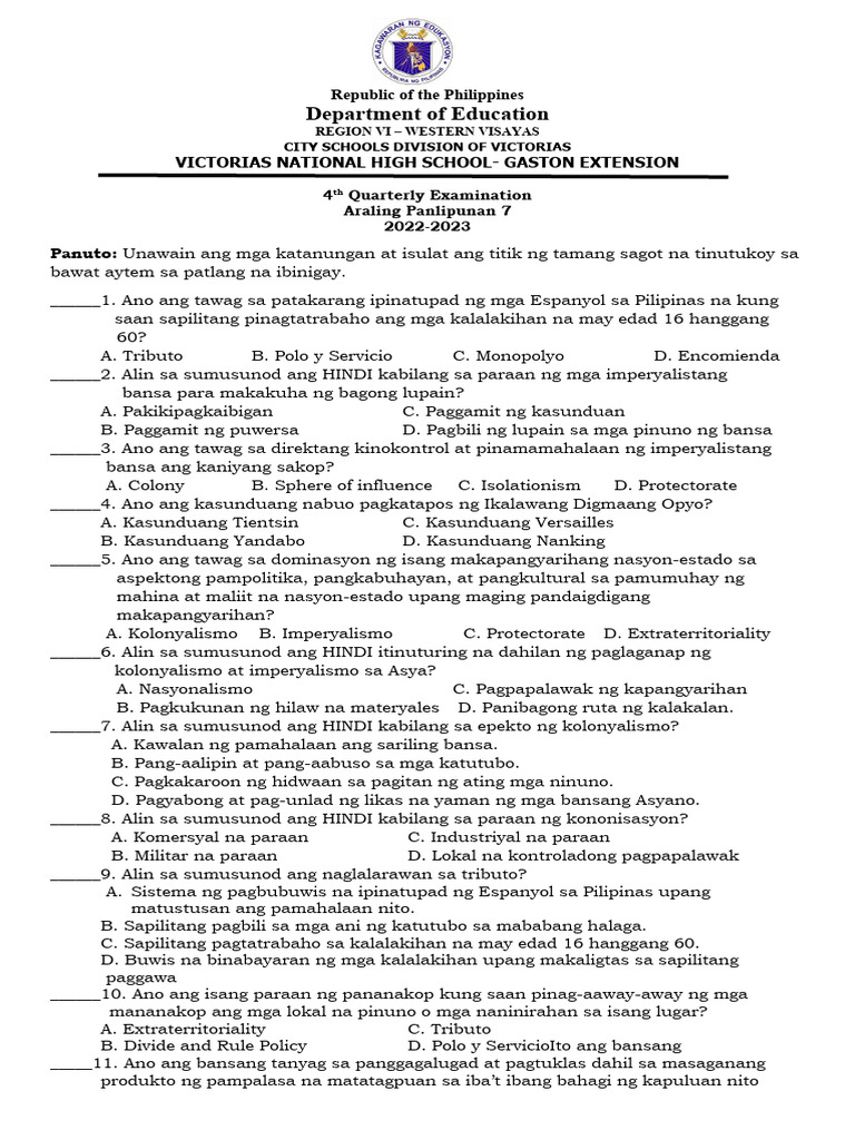 ARALING PANLIPUNAN 7 4th Quarterly Examination | PDF ARALING PANLIPUNAN 7 4th Quarterly Examination | PDF