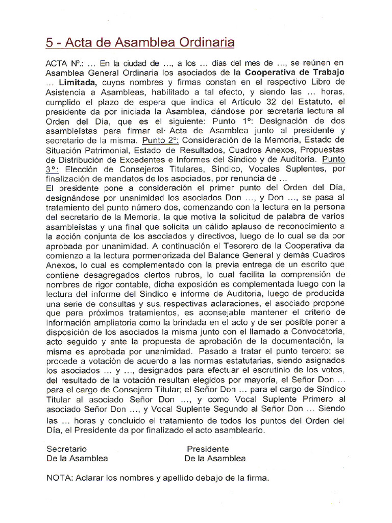 Acta de Asamblea Ordinaria | PDF
